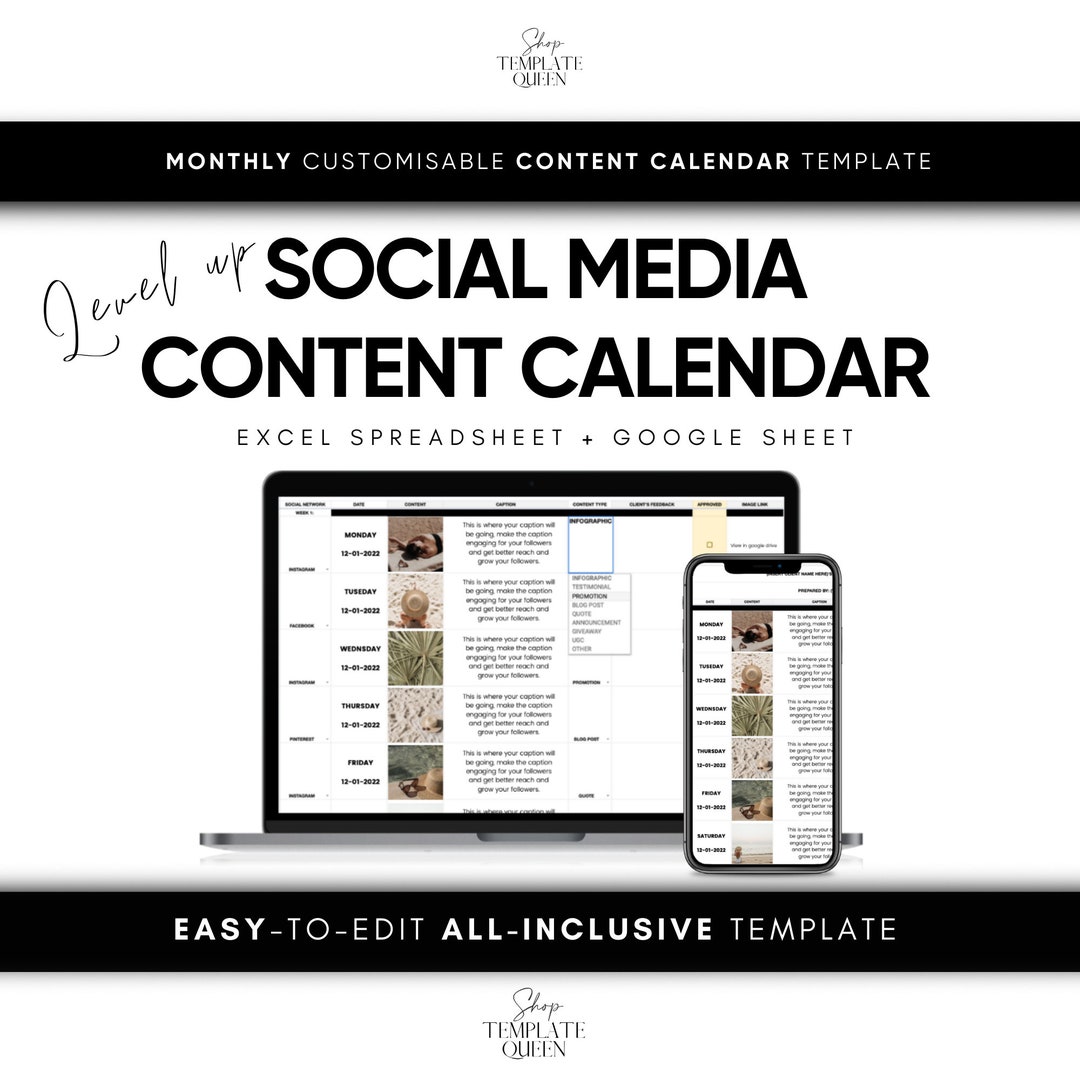 Social Media Content Calendar & Planner Template | Excel Spreadsheet ...