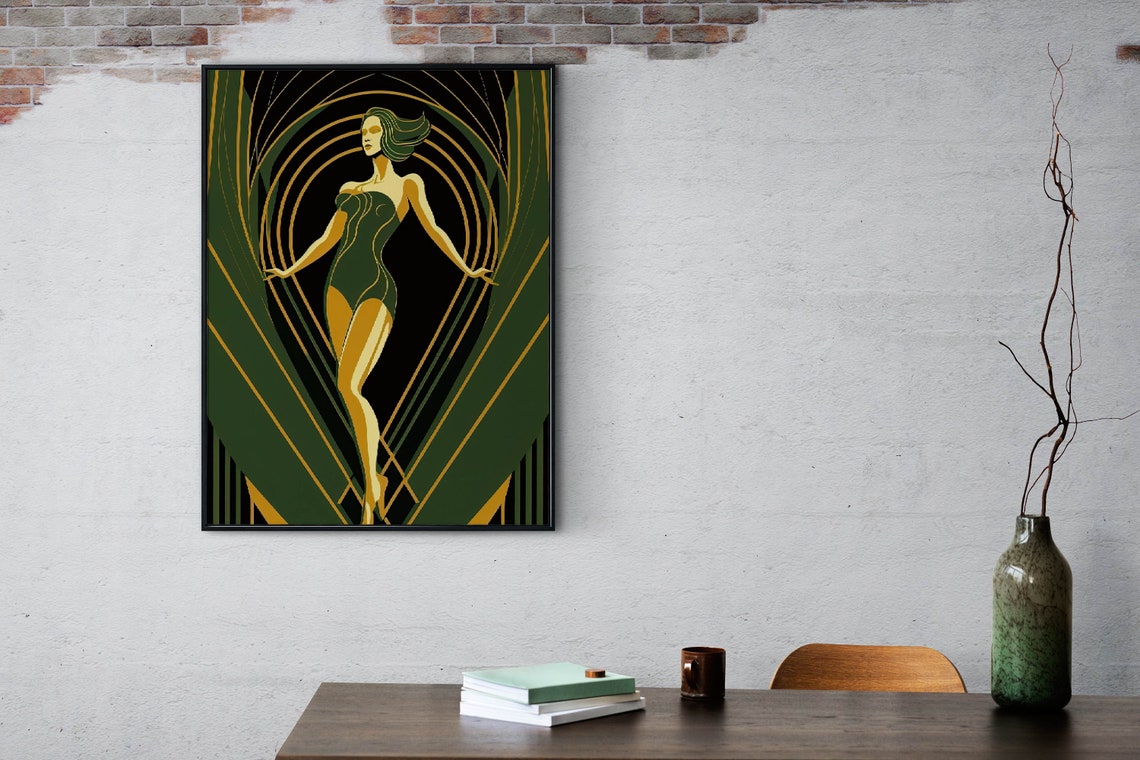 Elegant Art Deco Print: Vibrant Green & Gold Hues for Chic Wall Decor ...