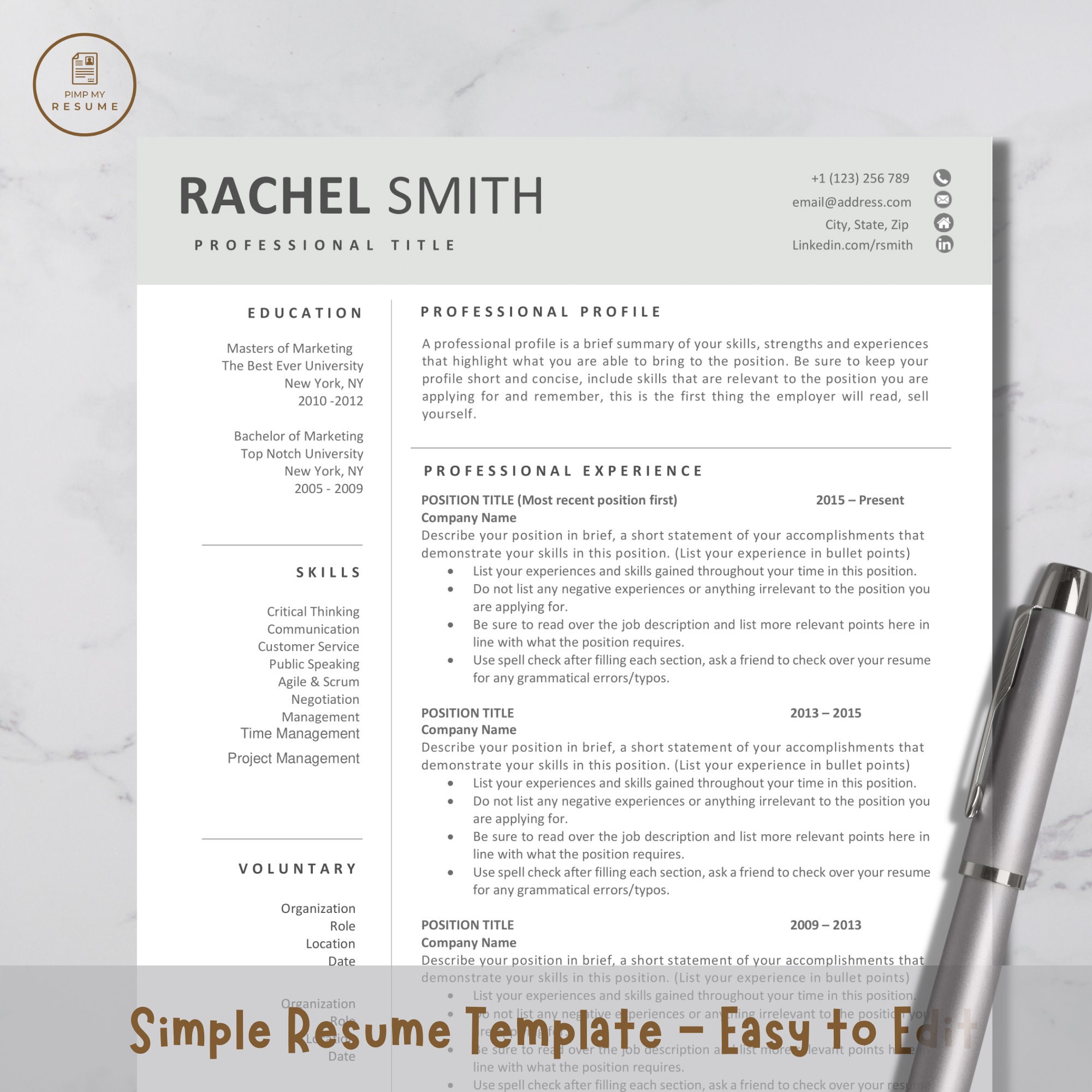Resume Template for Word | CV Template | Microsoft Word | Simple | Easy ...