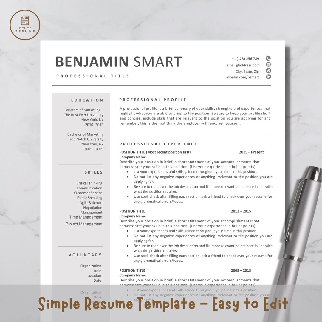CV Template for Word | Resume Template | Microsoft Word | Simple | Easy ...