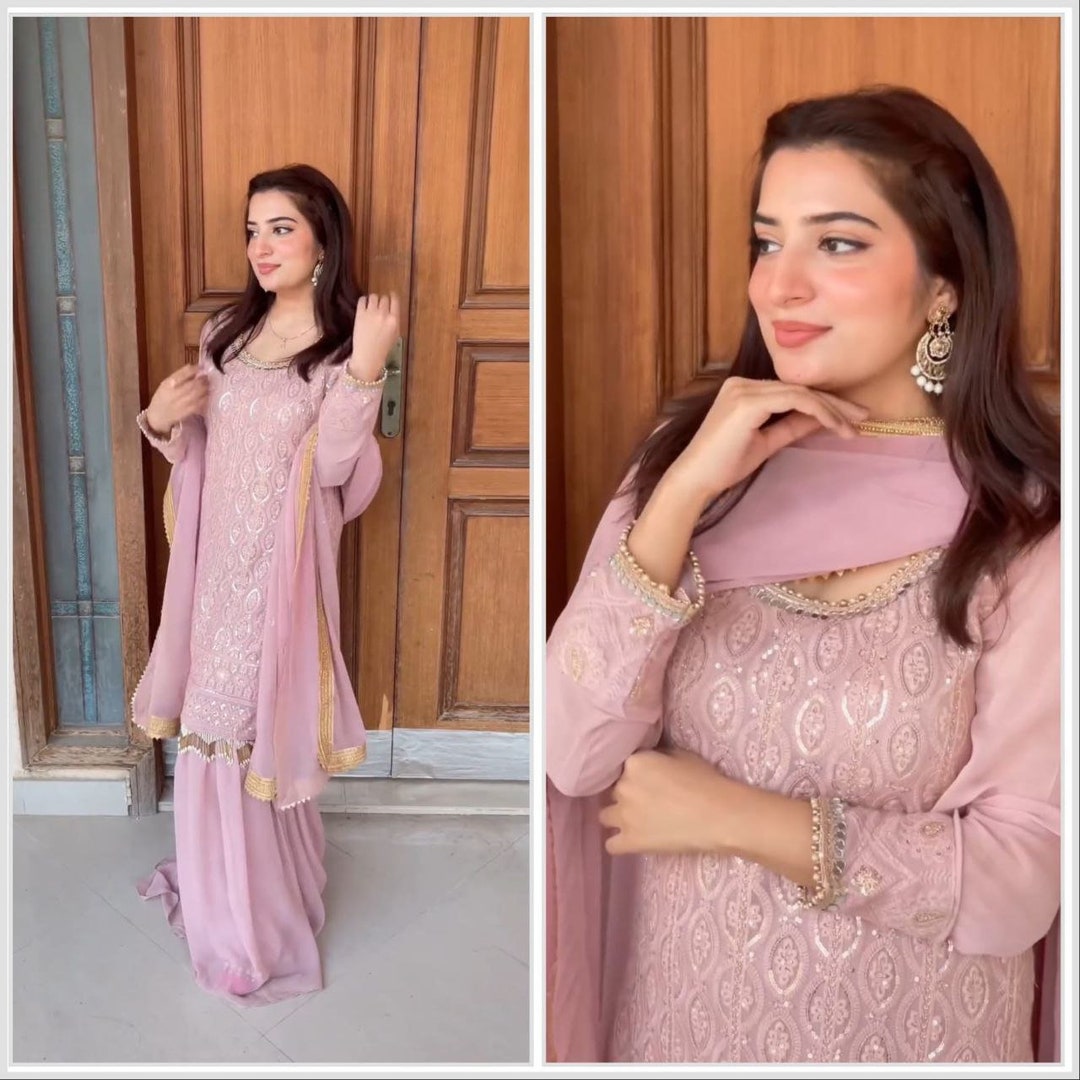 Rose Gold Sparkling Indian Sharara Suit for Woman Usa,georgette Fully ...