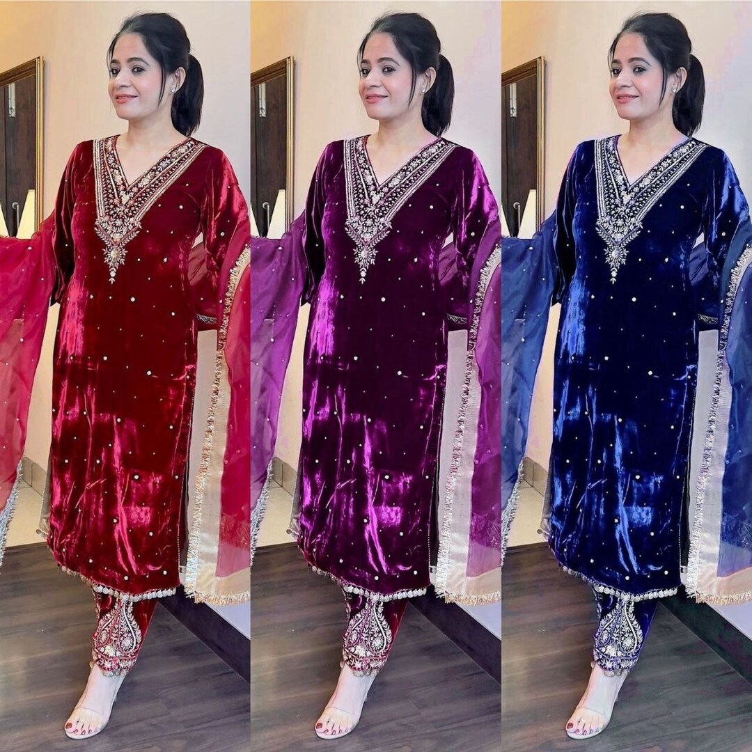 Premium 3 Piece Velvet Straight Kurti Set,indian Women Heavy Look Suit ...