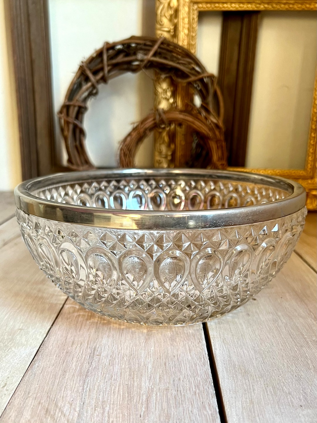 Vintage Cut Glass/crystal Bowl With Silver Rim - Etsy