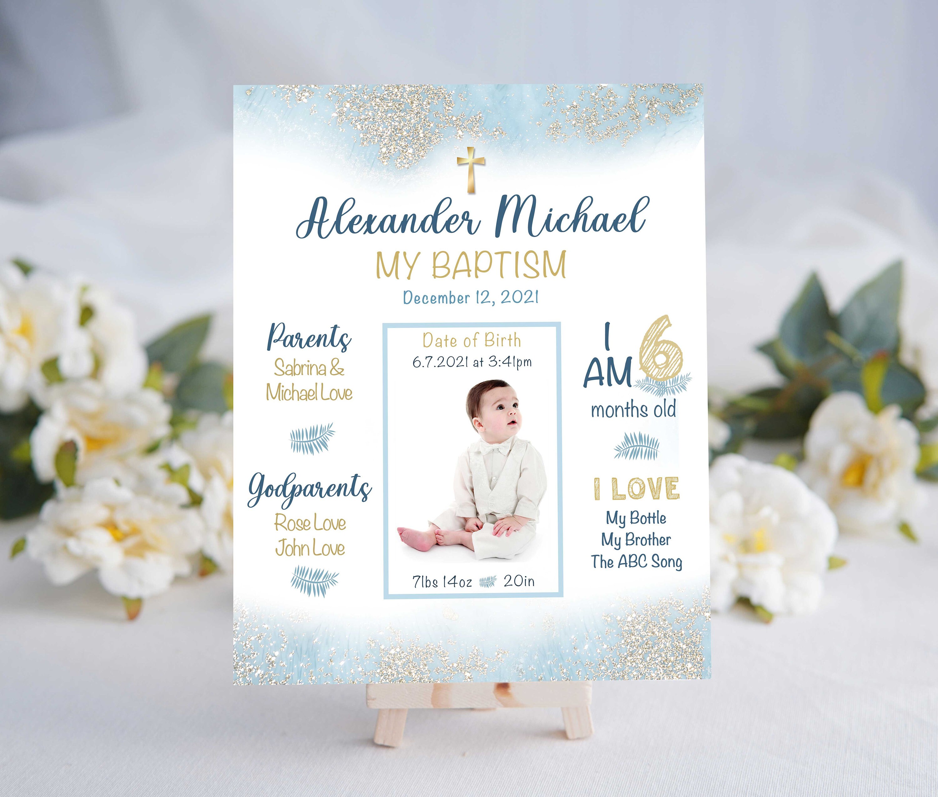 Baptism Milestone Sign, Boy Baptism Sign, Blue and Gold, Glitter, Blue ...