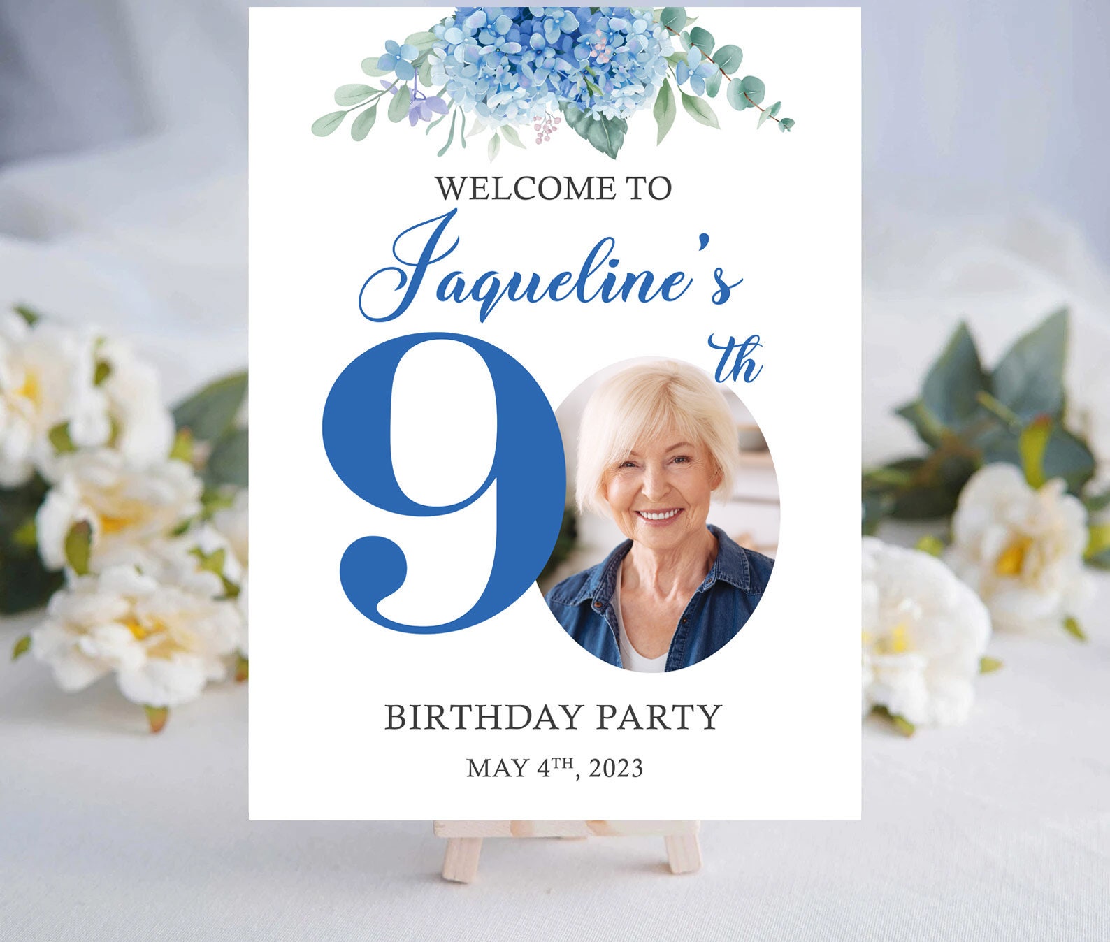 90th Birthday Welcome Sign With Photo, Floral 90th Birthday Party Sign ...