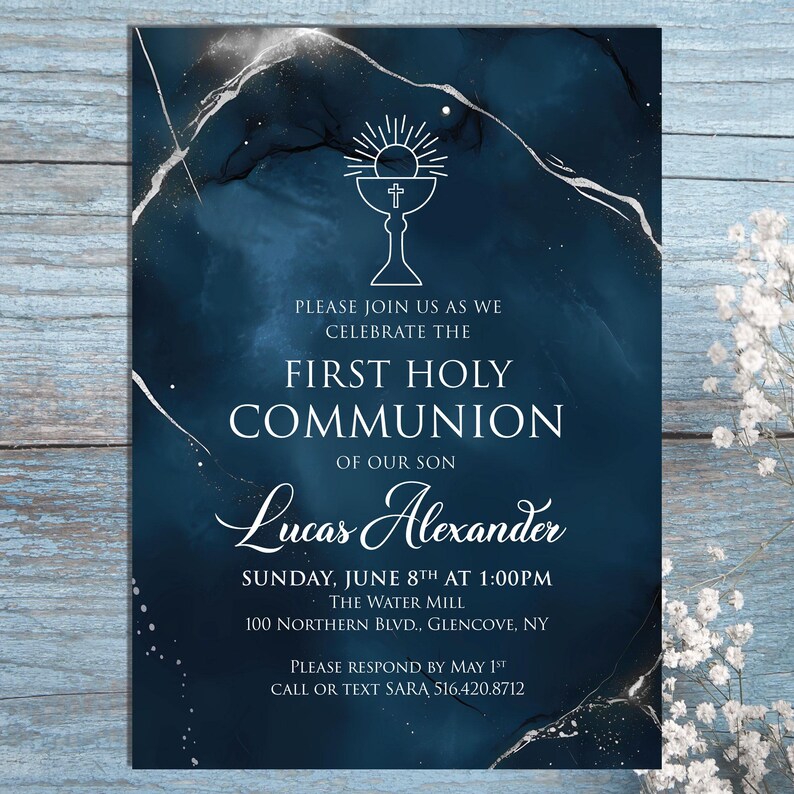 Blue Marble Communion Invitation, Boy Communion Invitation, First ...