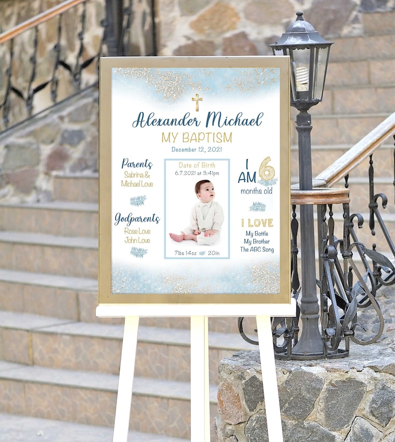 Baptism Milestone Sign, Boy Baptism Sign, Blue and Gold, Glitter, Blue ...