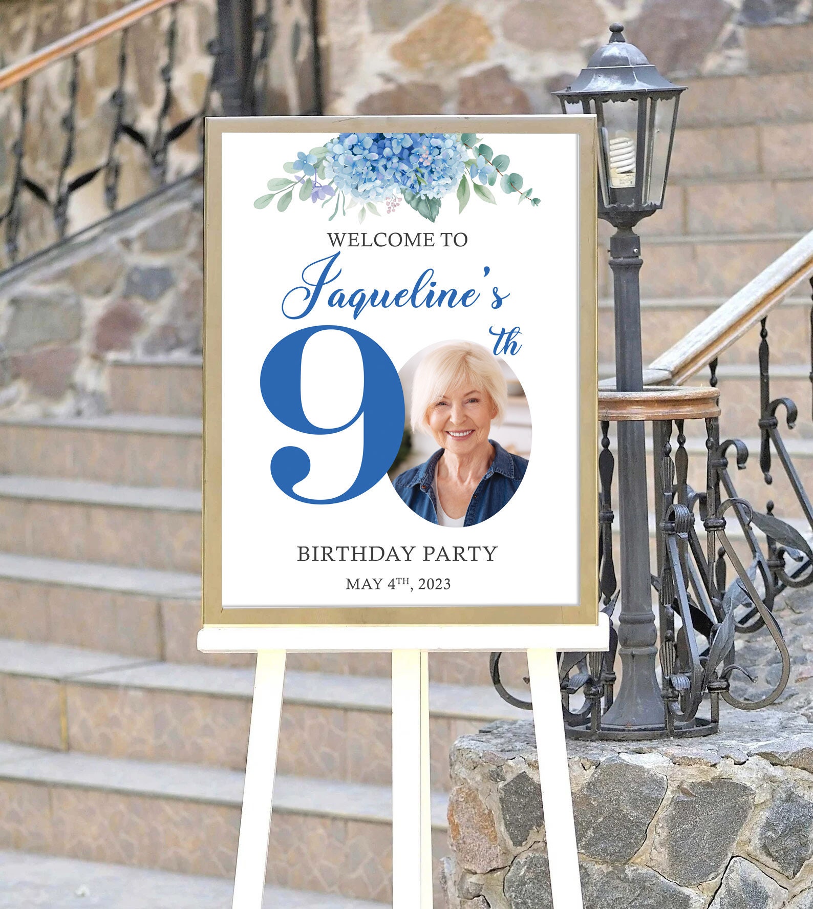 90th Birthday Welcome Sign With Photo, Floral 90th Birthday Party Sign ...