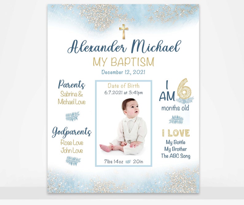 Baptism Milestone Sign, Boy Baptism Sign, Blue and Gold, Glitter, Blue ...