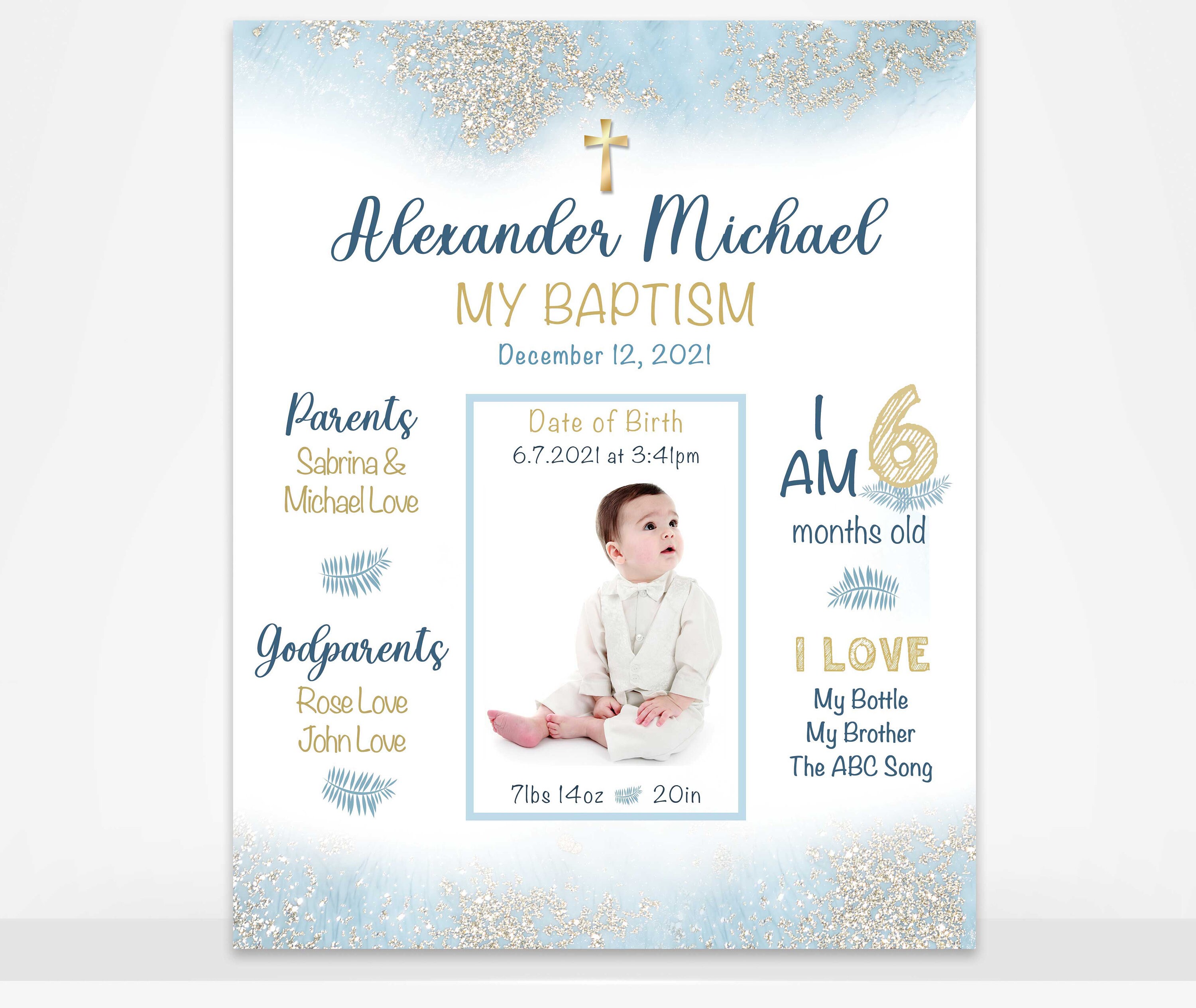 Baptism Milestone Sign, Boy Baptism Sign, Blue and Gold, Glitter, Blue ...