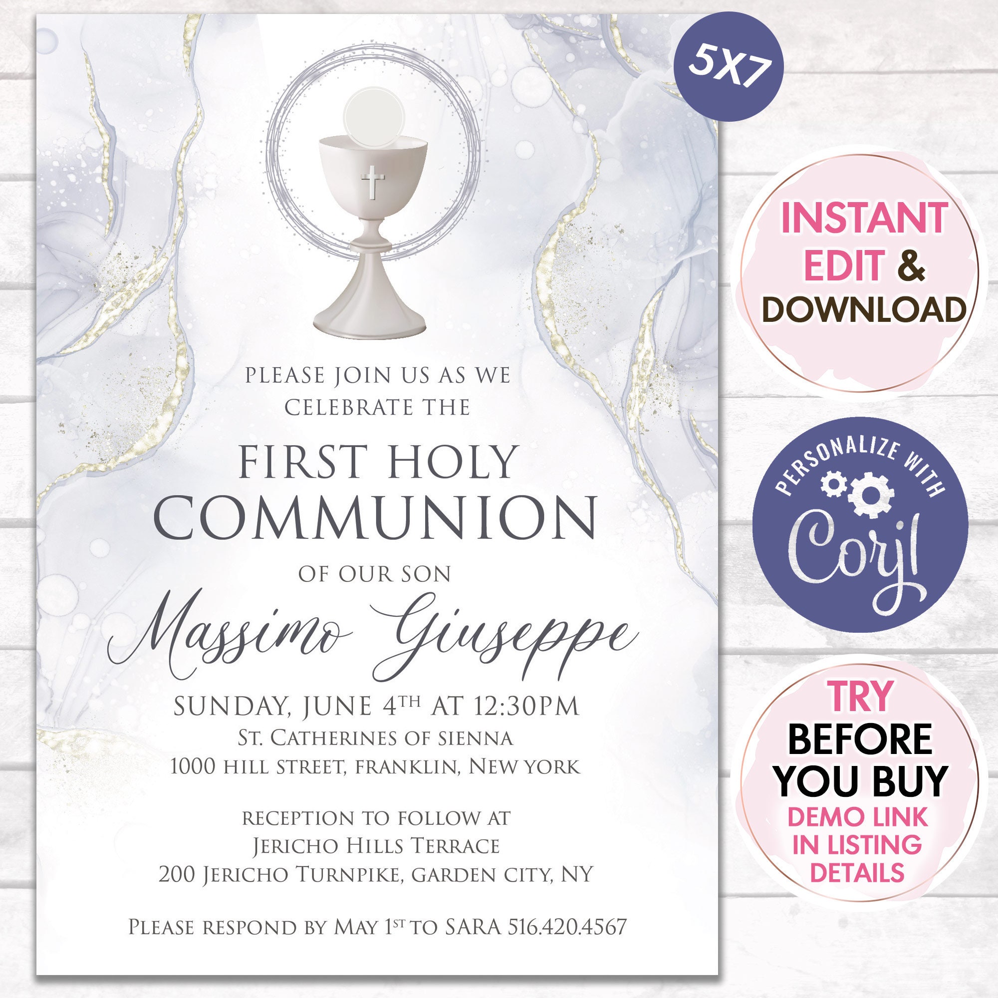 Marble Communion Invitation, Gold Silver Communion, Neutral Communion ...