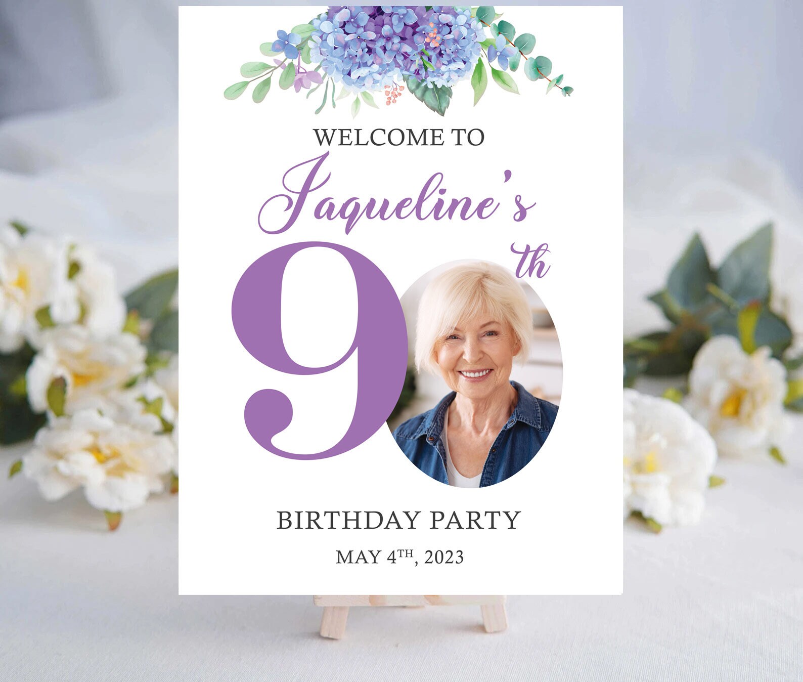 90th Birthday Welcome Sign With Photo, Purple Hydrangea Birthday ...