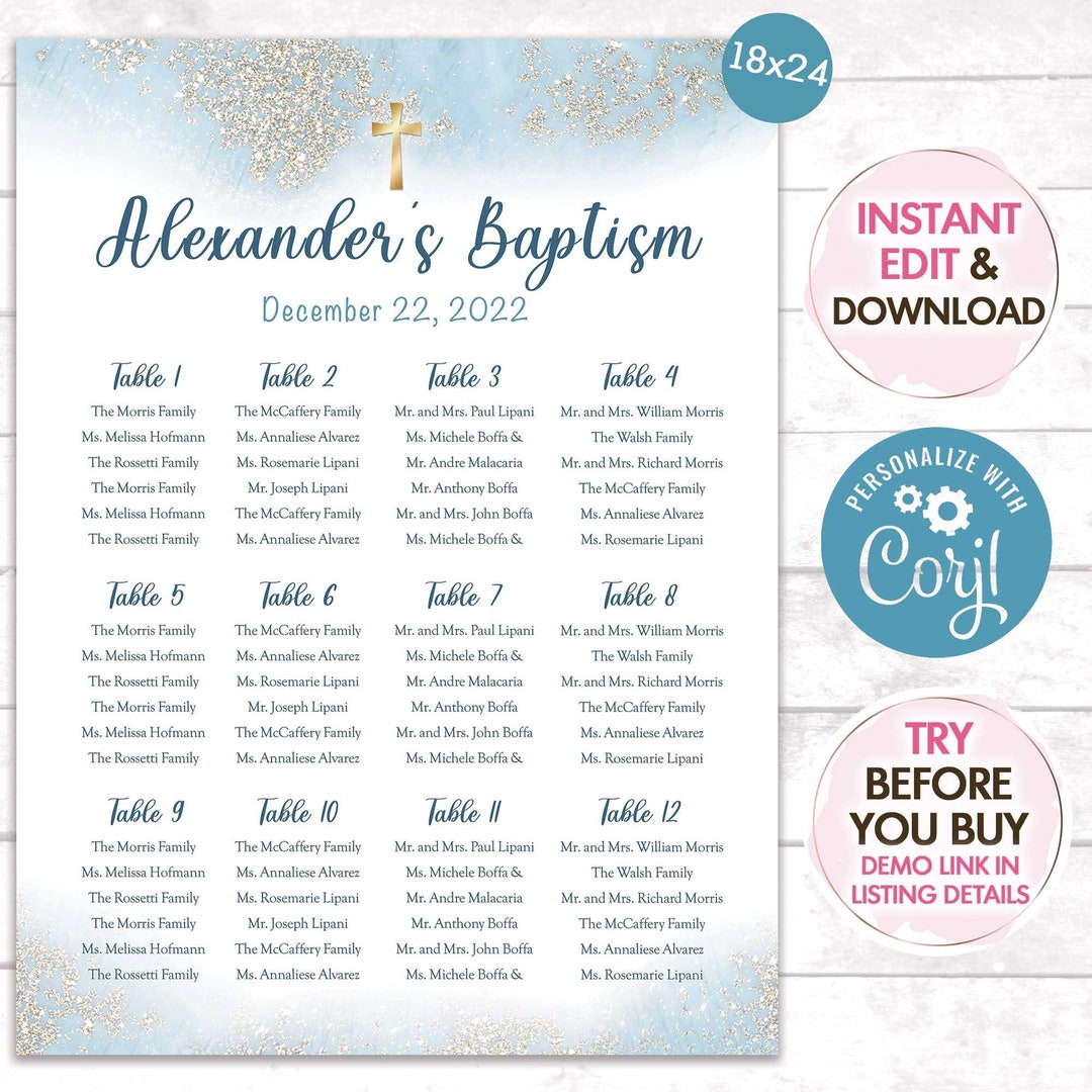 Baptism Seating Chart 18x24, Christening Seating Chart, Boy Baptism ...