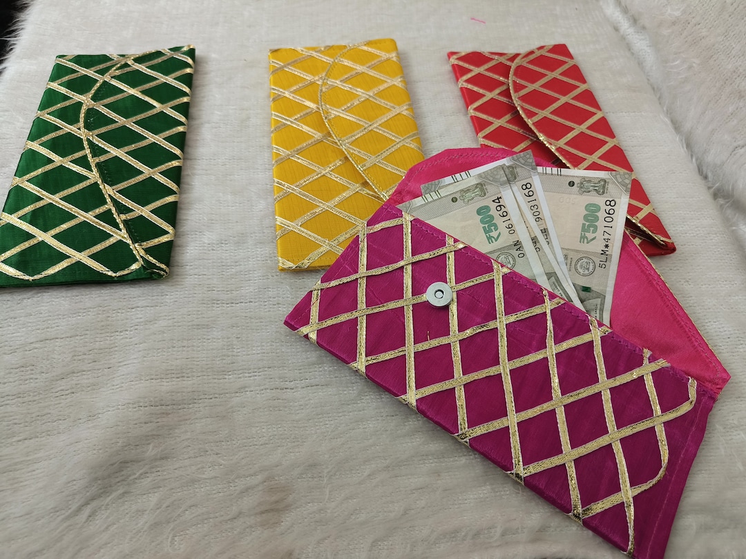 Envelopes of Raw Silk Fabric With Golden Zari Lehriya Print Money ...