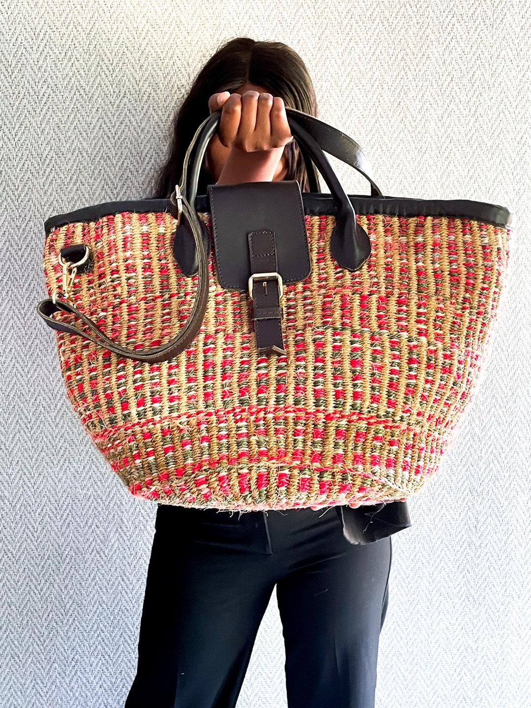 Woven Sisal Bag With Leather Strap Handles - Etsy