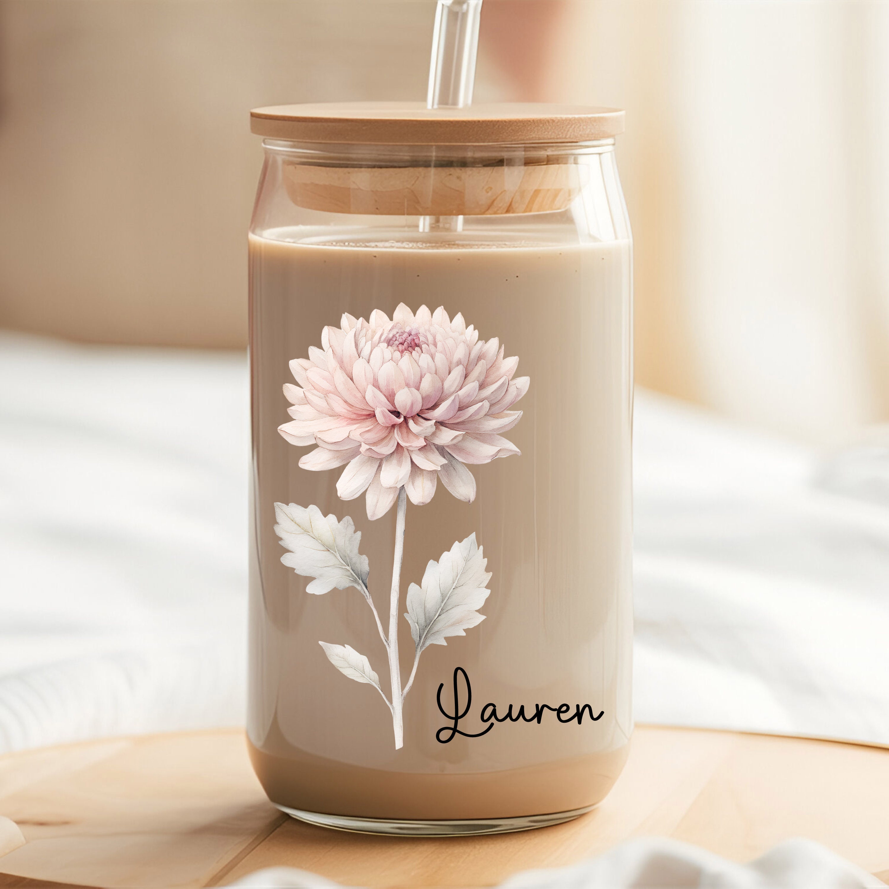 Custom Birth Flower Iced Coffee Glass Cup Personalized Skinny Coffee ...
