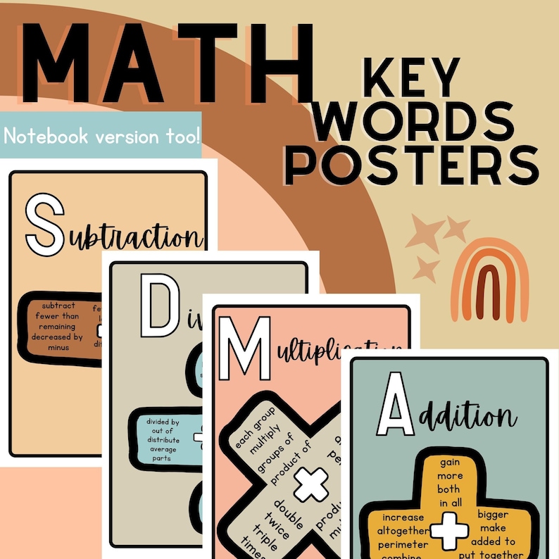 Boho Colors Math Key Words Posters for Word Problems! - Etsy Australia