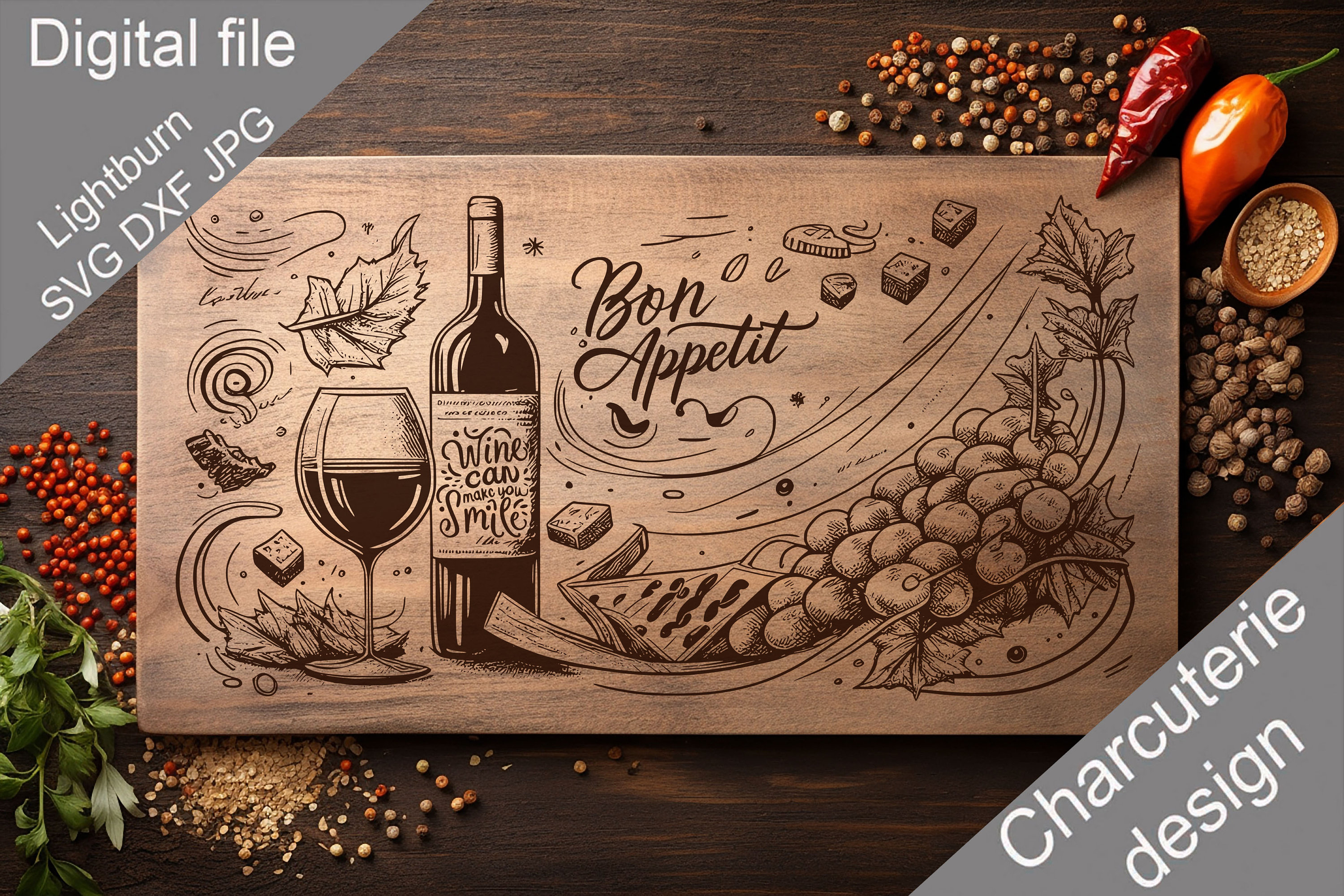 Charcuterie Board SVG, Wine & Cheese Engraving Design (digital) - Etsy