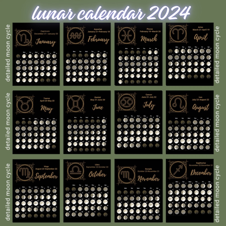 Lunar 2024 Mini Calendar Moon Phases Lunar Calendar // Lunar New Year ...