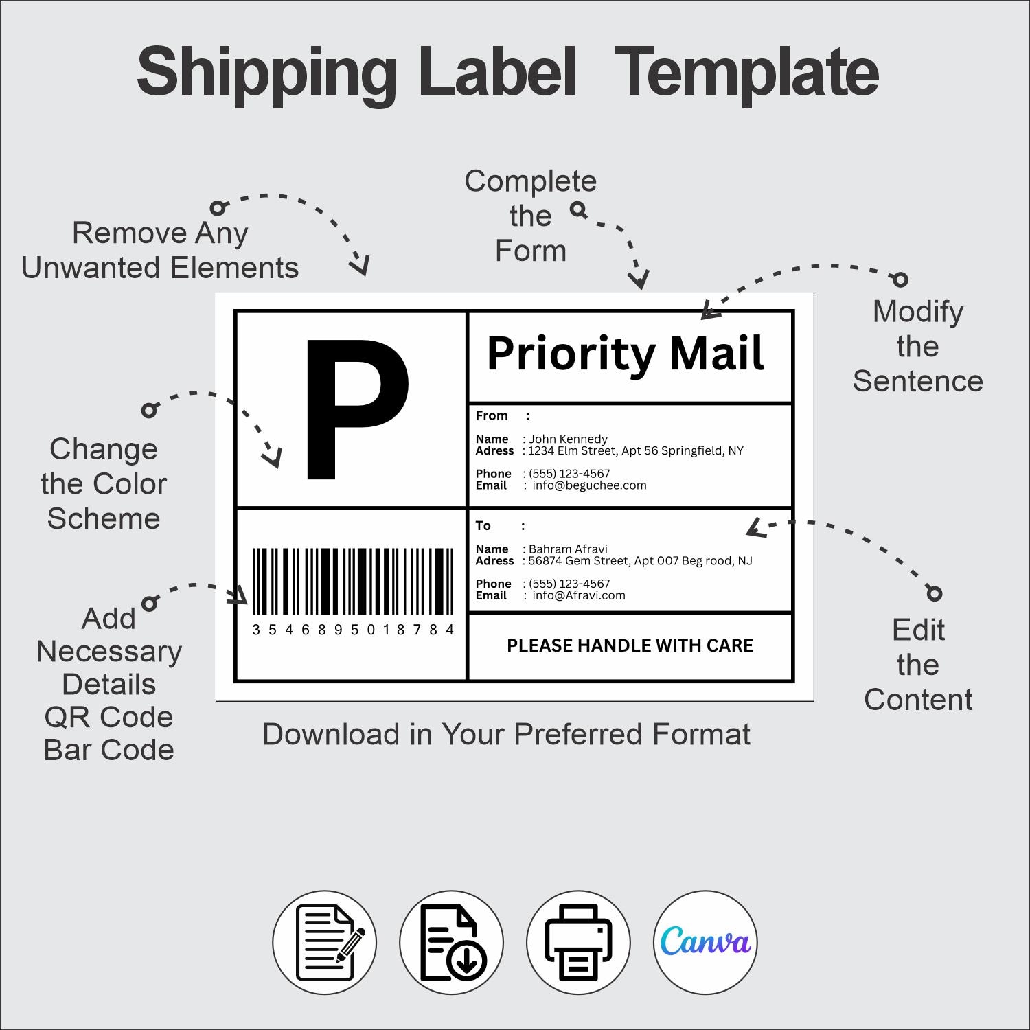 Editable Shipping Label Template – Personalized Mail Label, Custom Fake ...