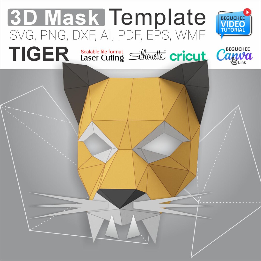 3D Tiger Mask Template, DIY Papercraft Mask, Low Poly Tiger Mask, Party ...