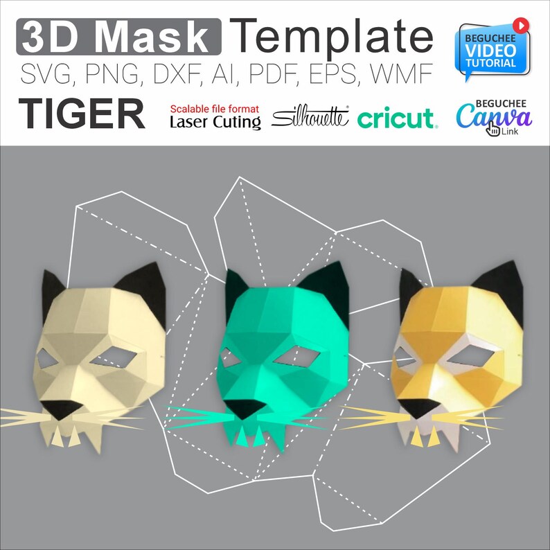 3D Tiger Mask Template, DIY Papercraft Mask, Low Poly Tiger Mask, Party ...
