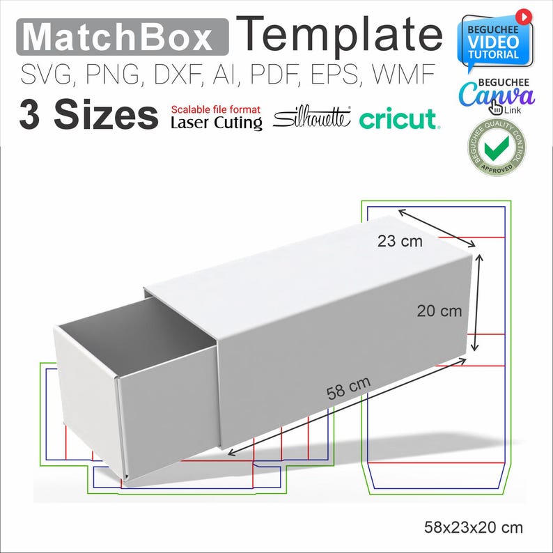 Matchbox Template SVG: Sliding Drawer Box, 3 Sizes (digital Download ...
