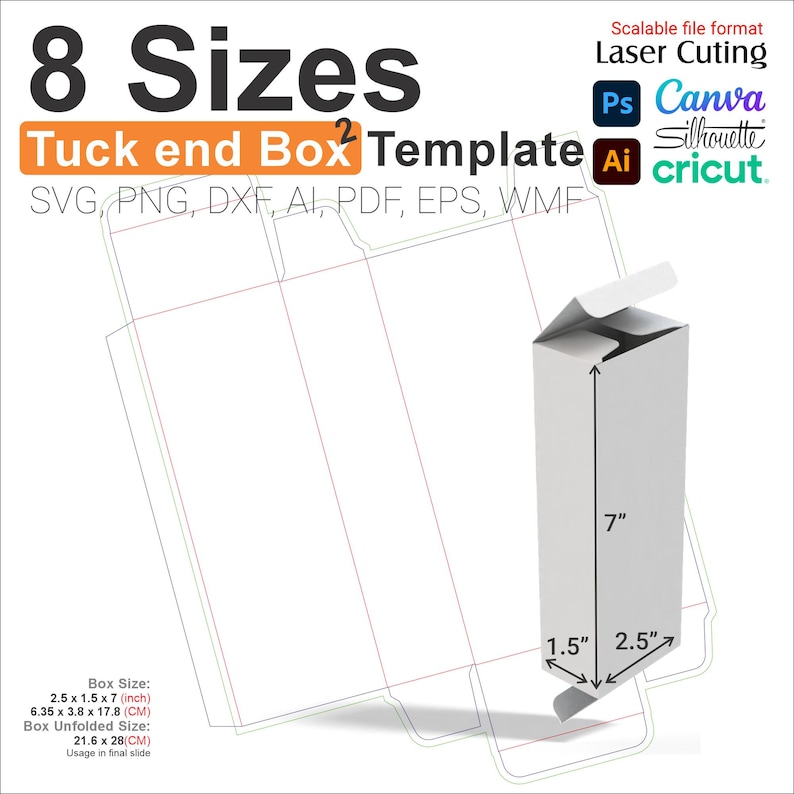 Tuck End Box Template: 8 Sizes, SVG PNG PDF (digital Download) - Etsy