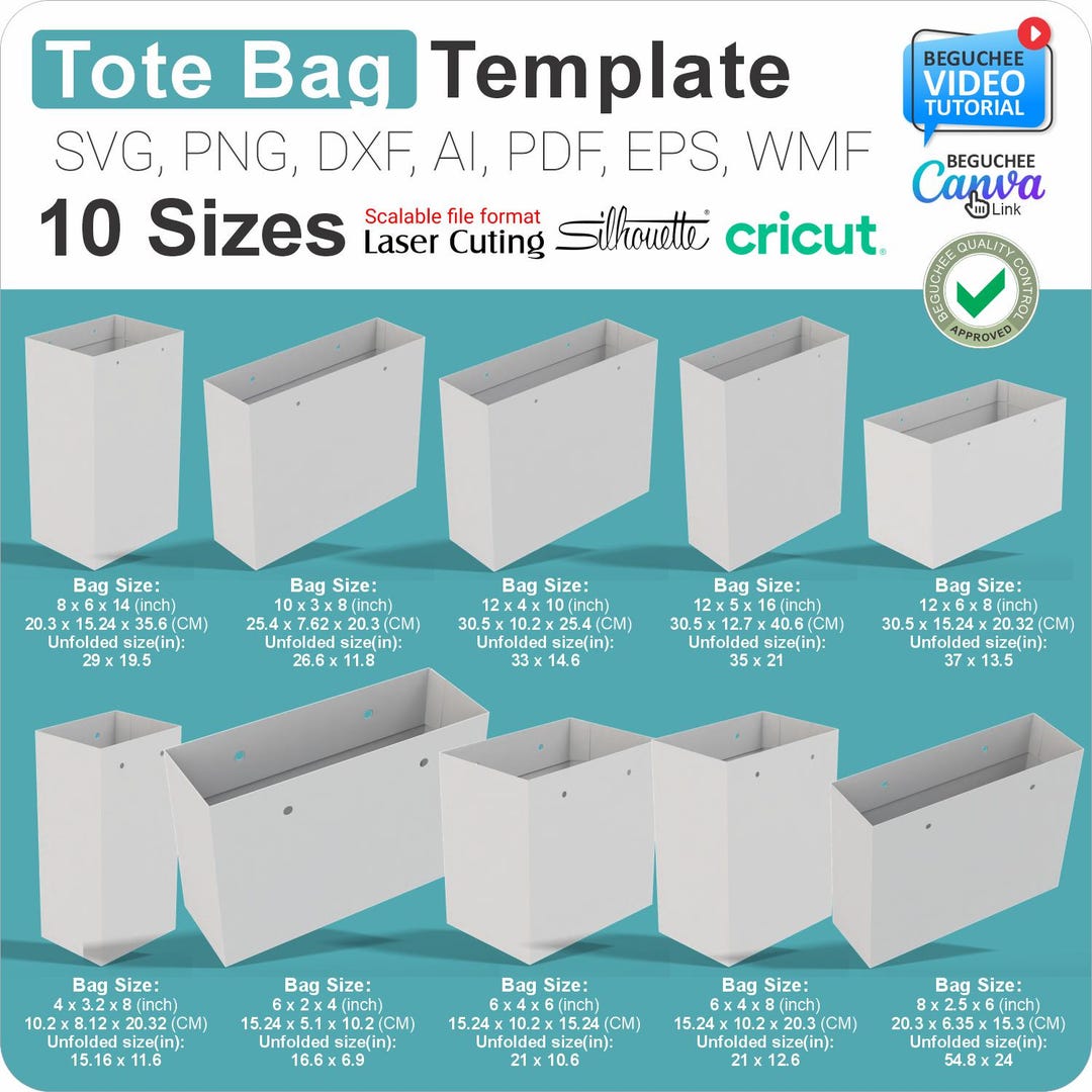 DIY Tote Bag Template – 10 Sizes (svg, Dxf, Pdf, Ai) (digital Download ...