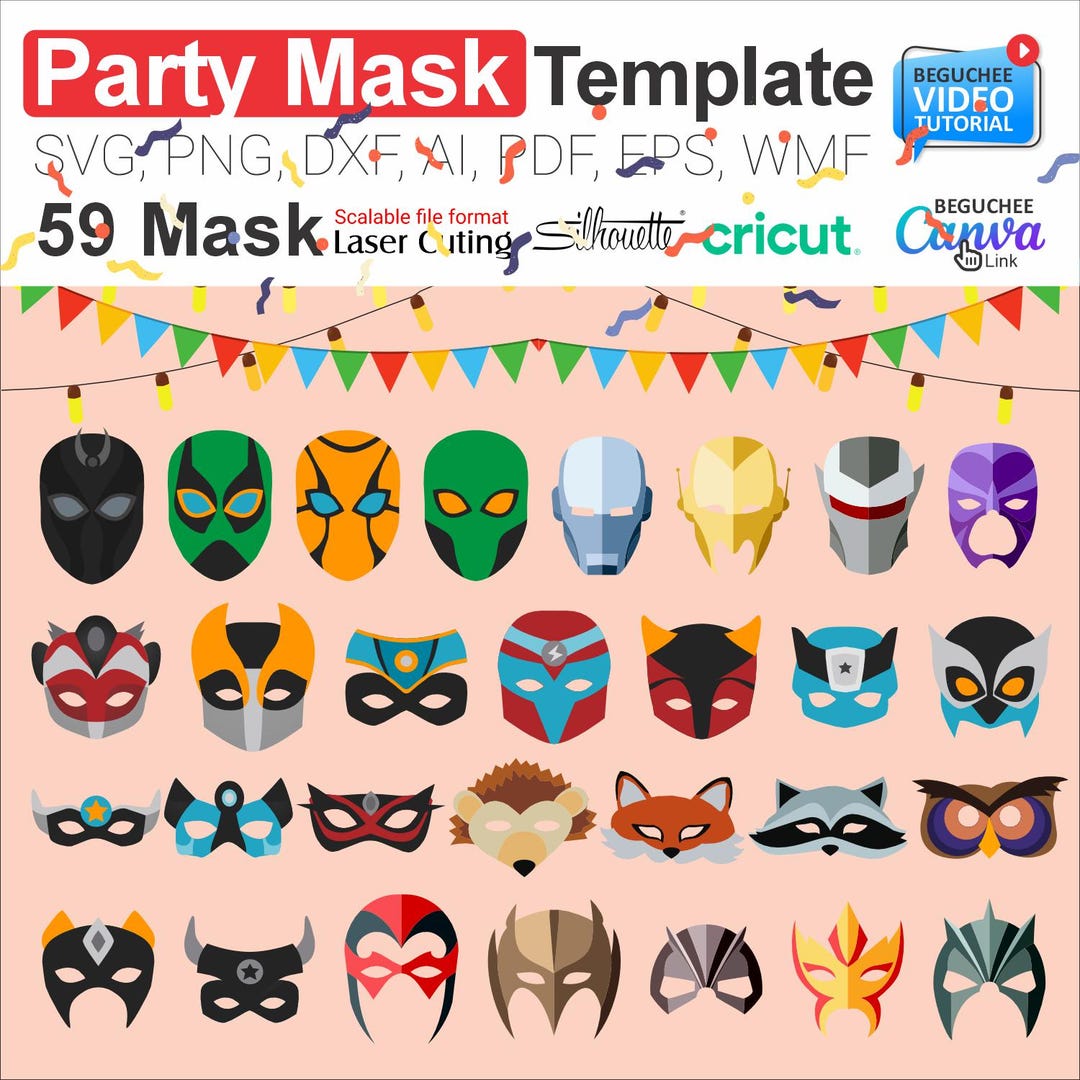 Party Mask Template Bundle – 59 SVG Mask Designs for Laser Cutting, DIY ...