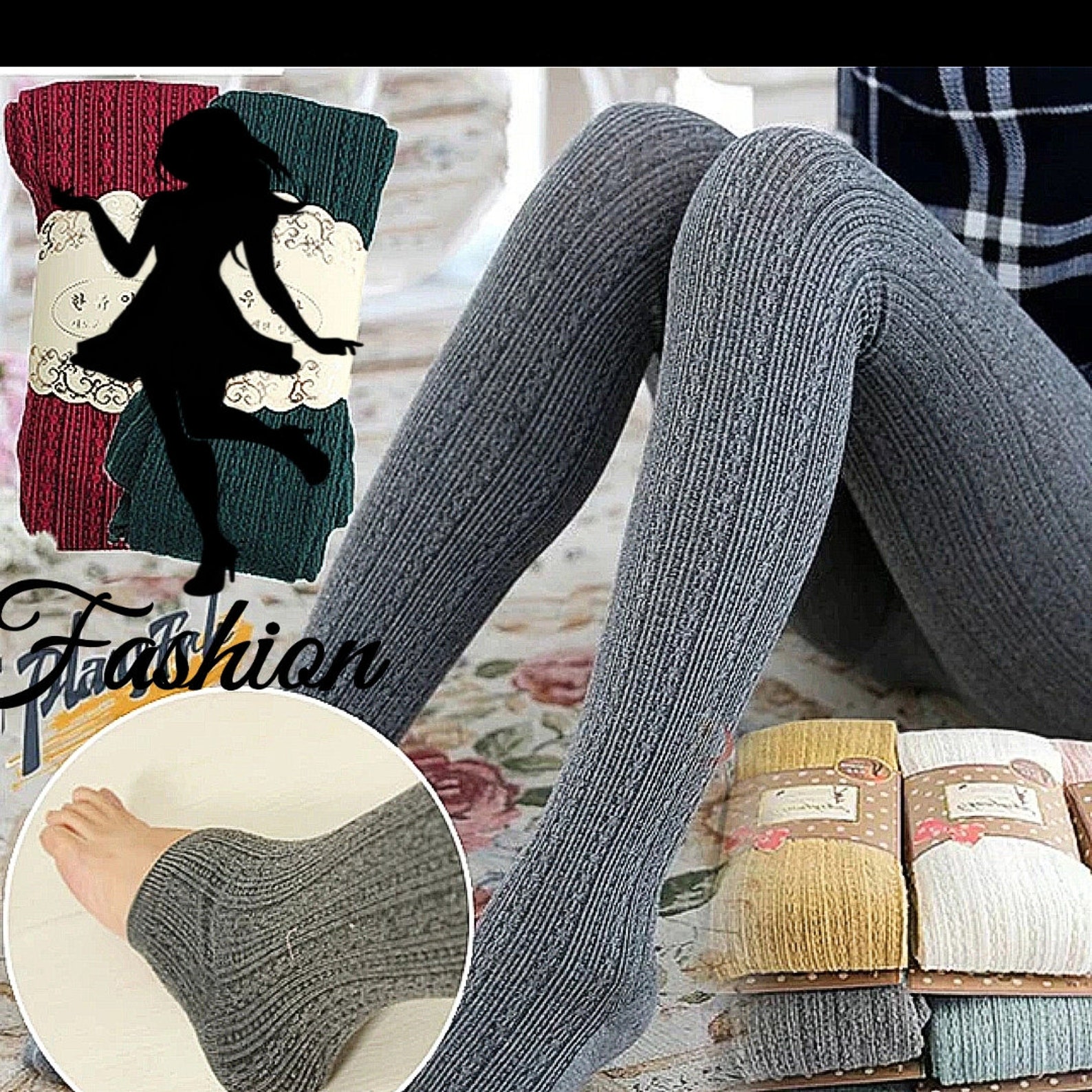 Women Winter Cable Knit Sweater Tights Warm Stretch Stockings Pantyhose ...