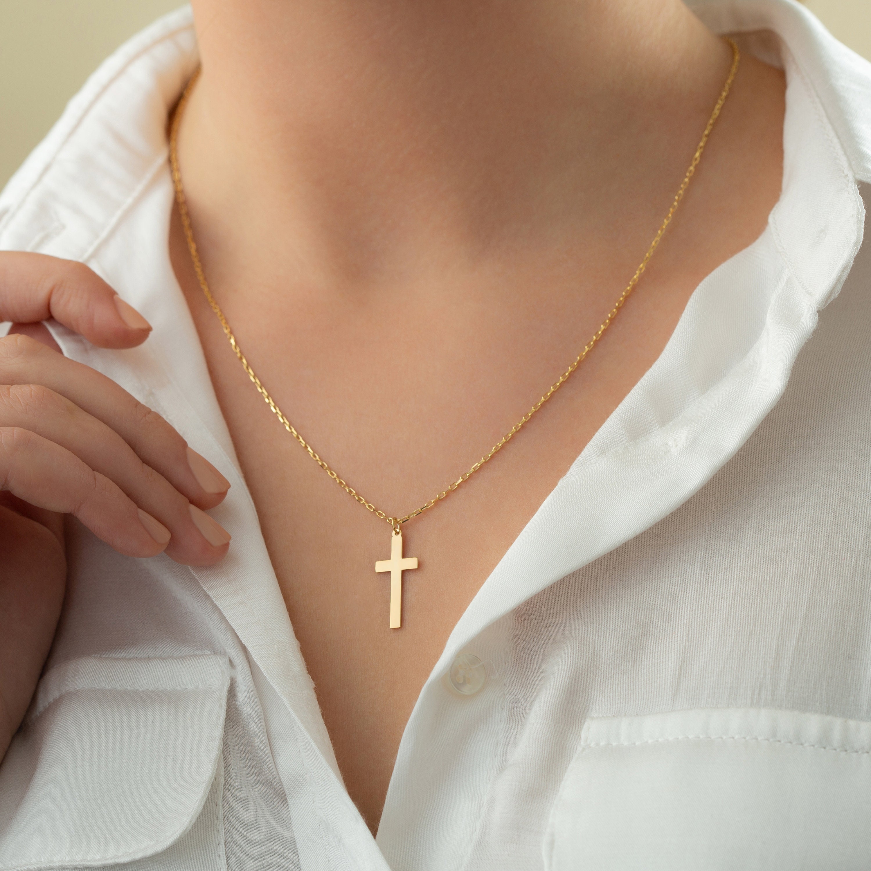14k Solid Gold Cross Necklace Girl Women Cross Necklace - Etsy