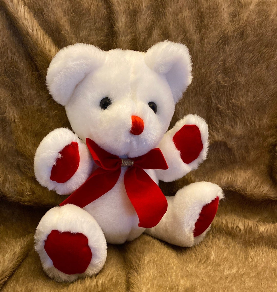 Snow White Teddy Bear With Red Bow, Valentines Day Stuffed Animal 8 ...