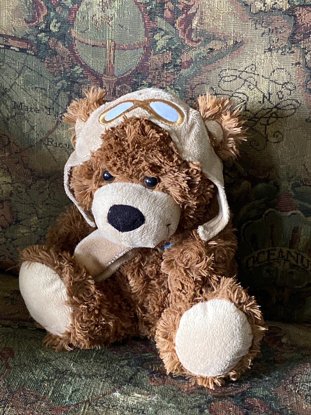 Little Brown Pilot Teddy Bear, Flight Cap & Scarf 9 Sitting, Stuffed ...