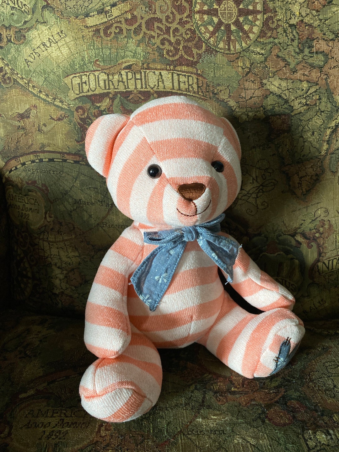 Pink Striped Plush Teddy Bear With Bow & Heart Patch, Stuffed Animal ...