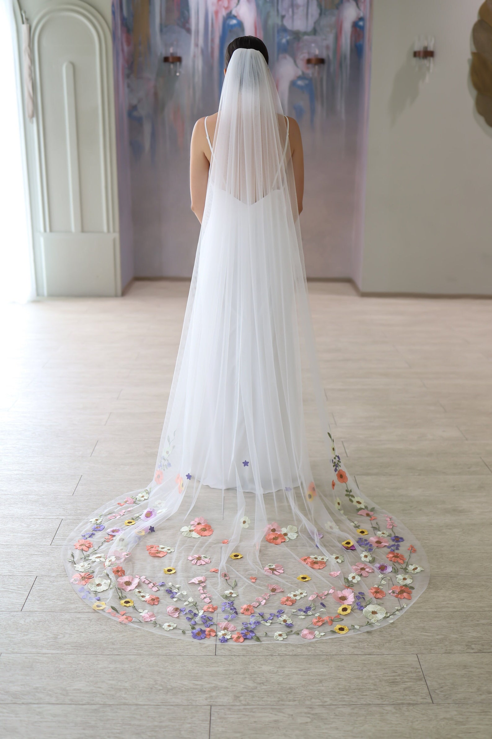 Floral Wedding Veil, Flower Cathedral Veil, Embroidered Veil With 3d ...