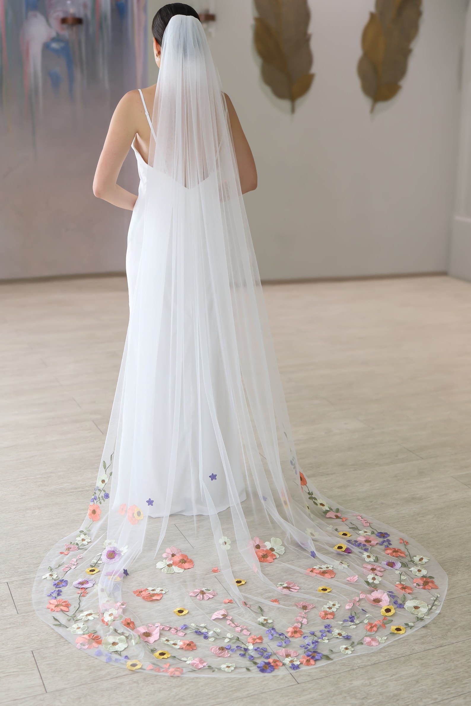 Floral Wedding Veil, Flower Cathedral Veil, Embroidered Veil With 3d ...