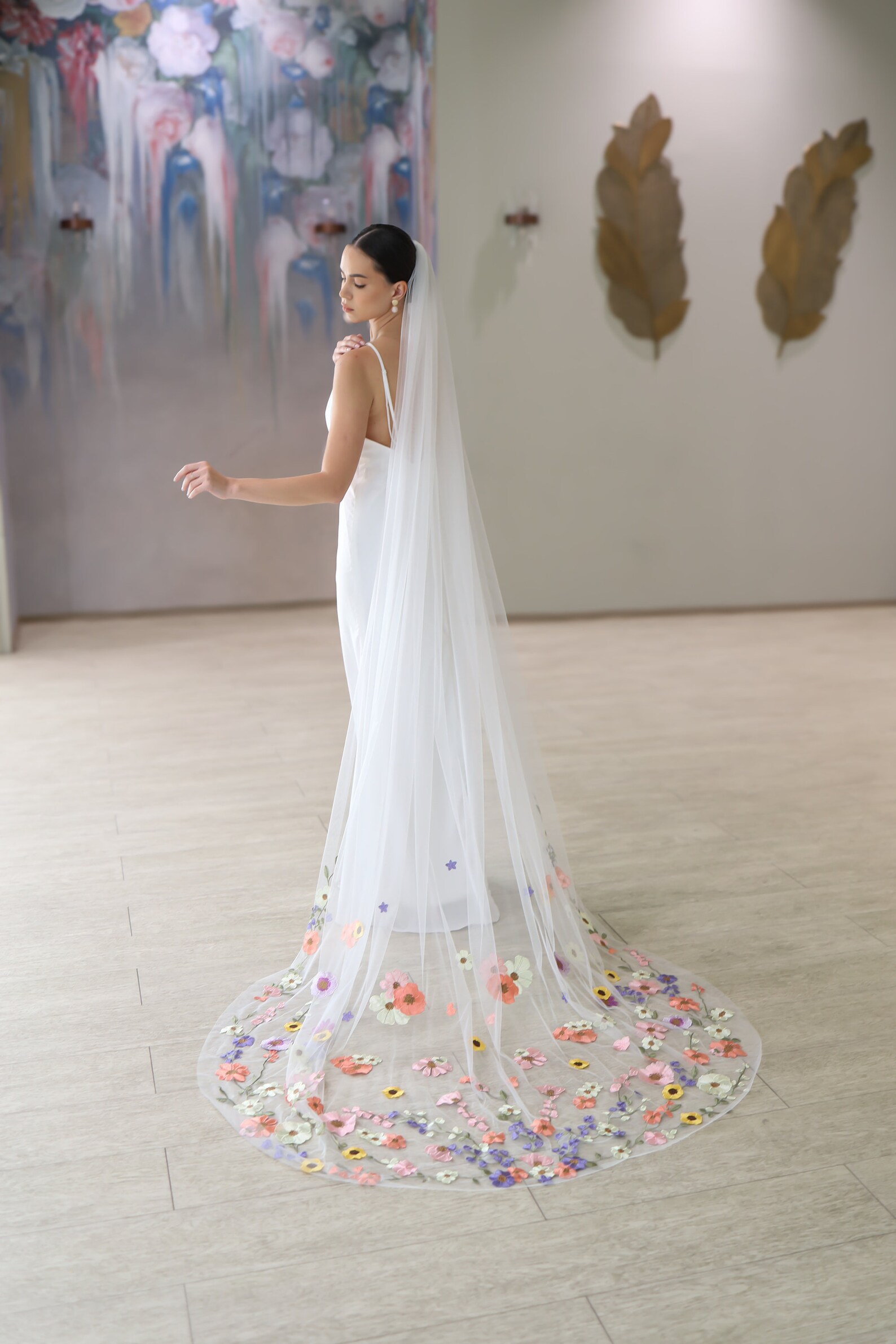 Floral Wedding Veil, Flower Cathedral Veil, Embroidered Veil With 3d ...