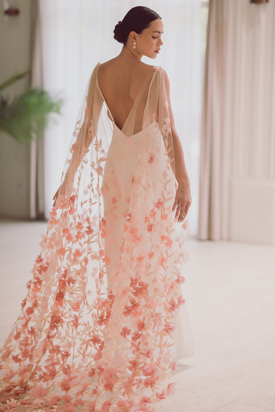 Floral Wedding Cape, Embroidered Wedding Cape, Bridal Cape Veil, Flower ...