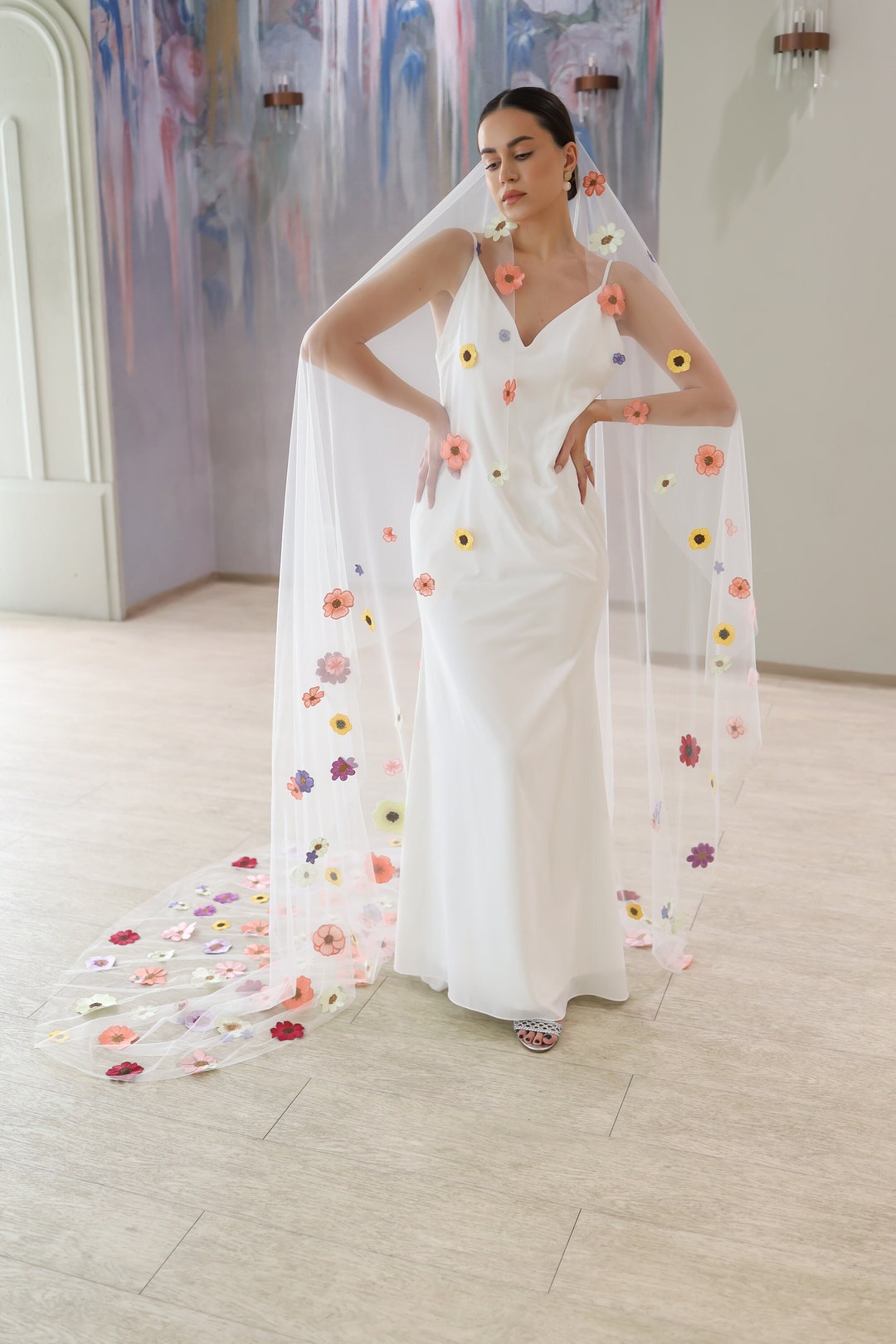 Veil With 3d Flowers, Floral Wedding Veil, Cascading Veil With Flowers ...