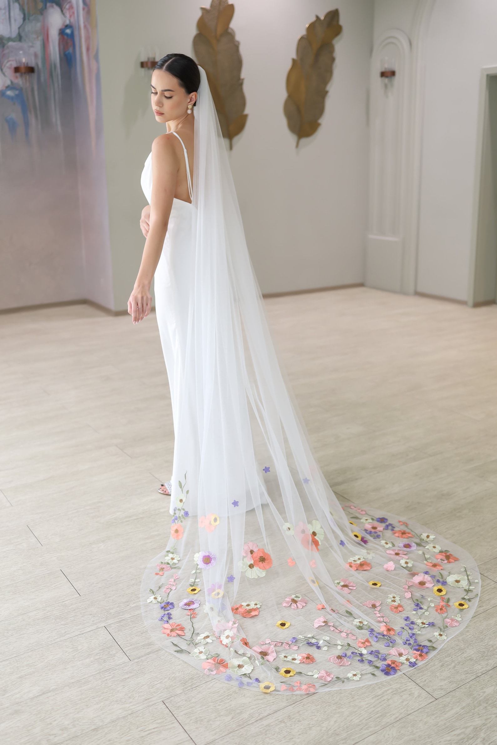 Floral Wedding Veil, Flower Cathedral Veil, Embroidered Veil With 3d ...