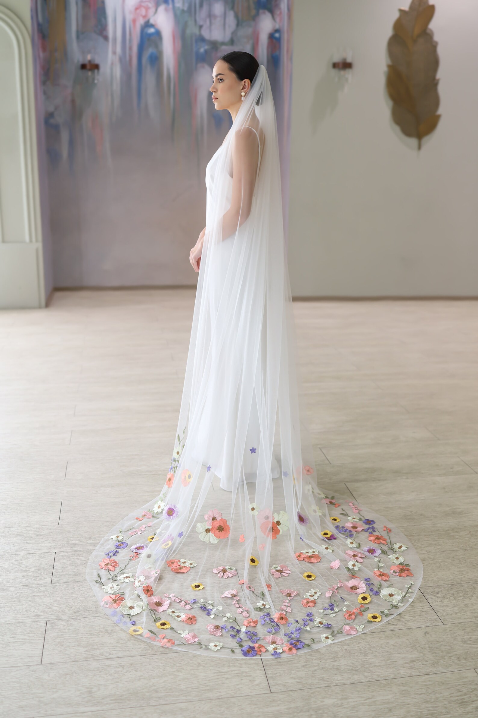 Floral Wedding Veil, Flower Cathedral Veil, Embroidered Veil With 3d ...