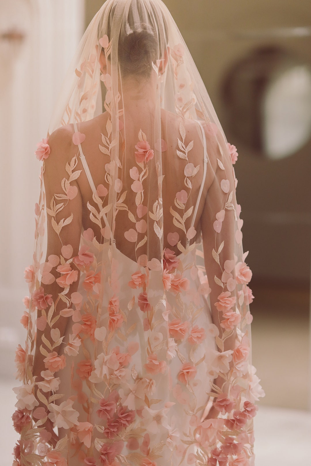 Blush Pink Flower Wedding Veil, 3D Floral Veil, Cathedral Length ...