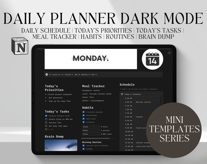 Notion Template Daily Schedule Planner Dark Mode | Notion Dashboard Notion Self Care Planner ...