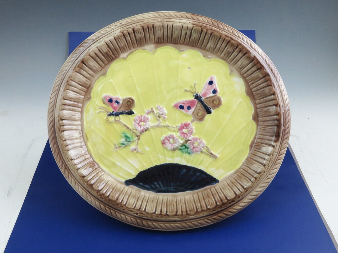 Antique Victorian Majolica Platter Fan Flowers and Butterfly, Antique ...