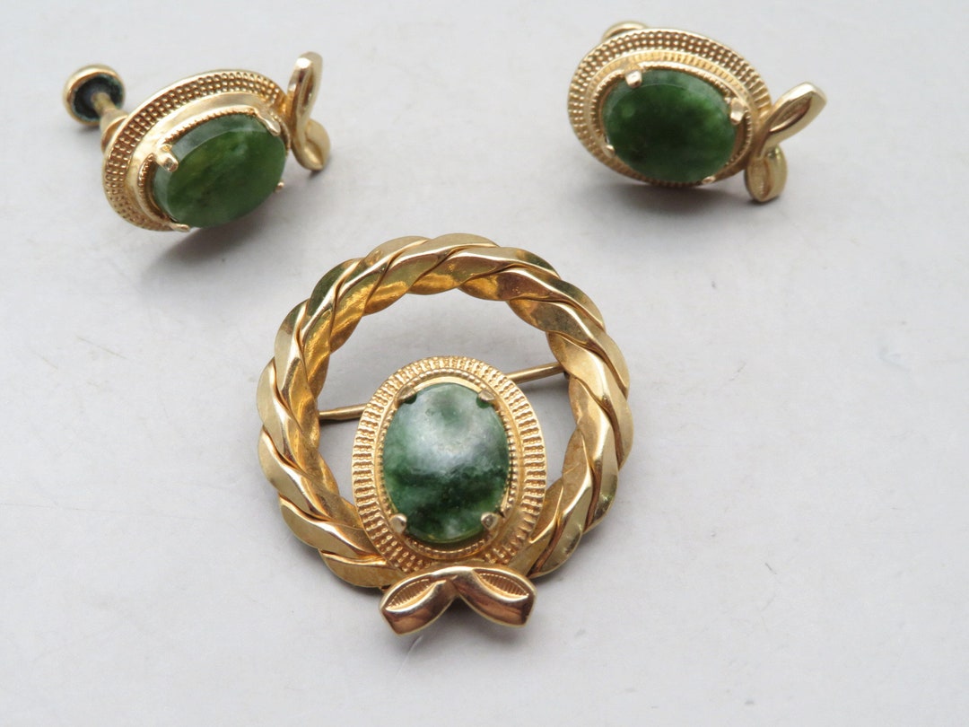 AMCO 14k Gold Filled and Jade Circle Brooch Pin and Matching Earrings ...