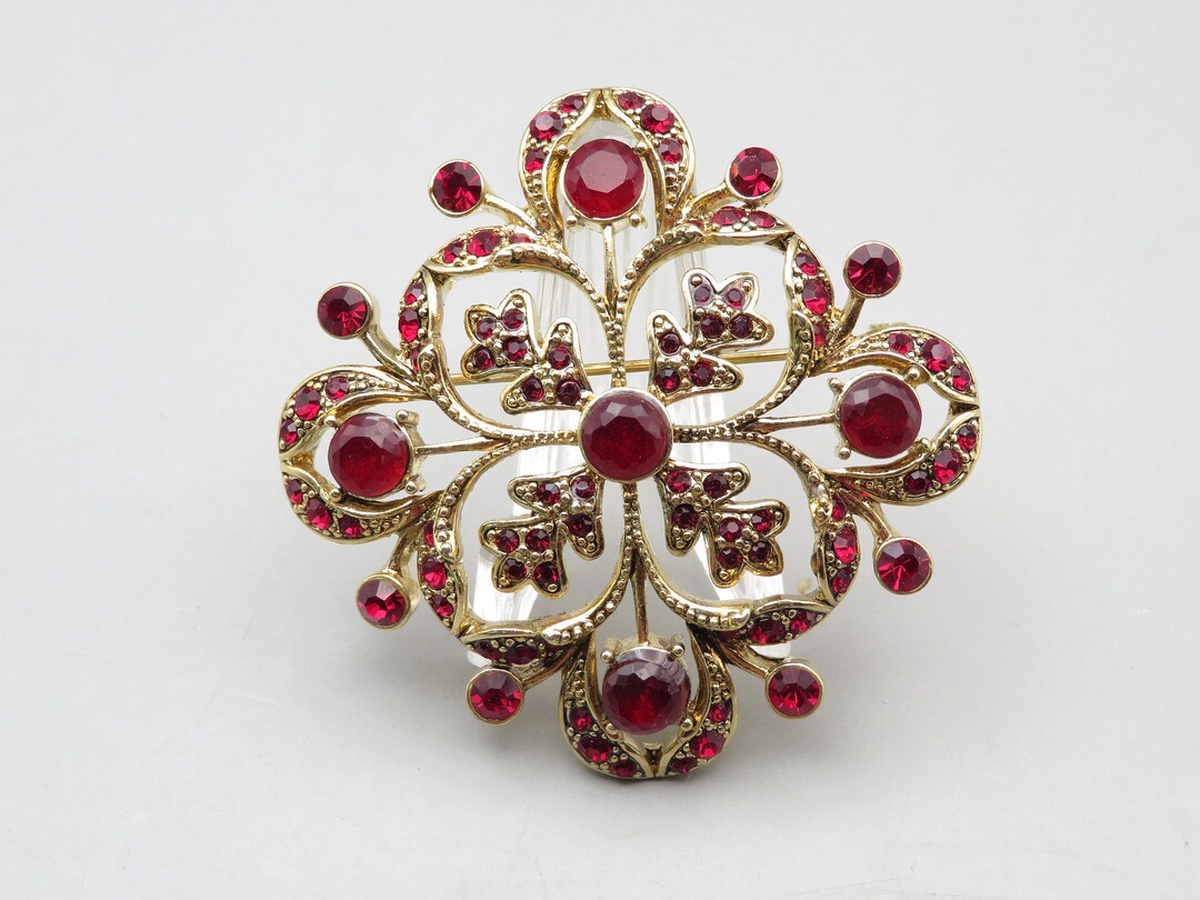Vintage Monet Gold Plated Red Rhinestone Snowflake Pin Brooch - Etsy