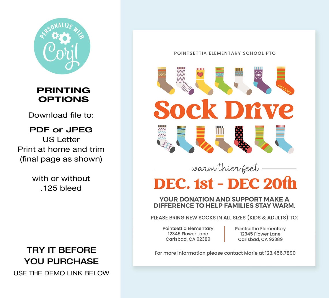Winter Sock Drive Flyer Template • Sock Drive | EDITABLE | Sock Drive ...
