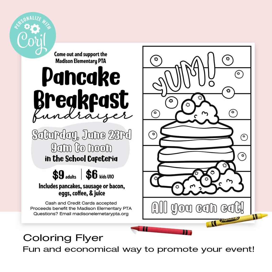 Pancake Breakfast Flyer Template • Coloring Sheet | Pancake Fundraiser ...