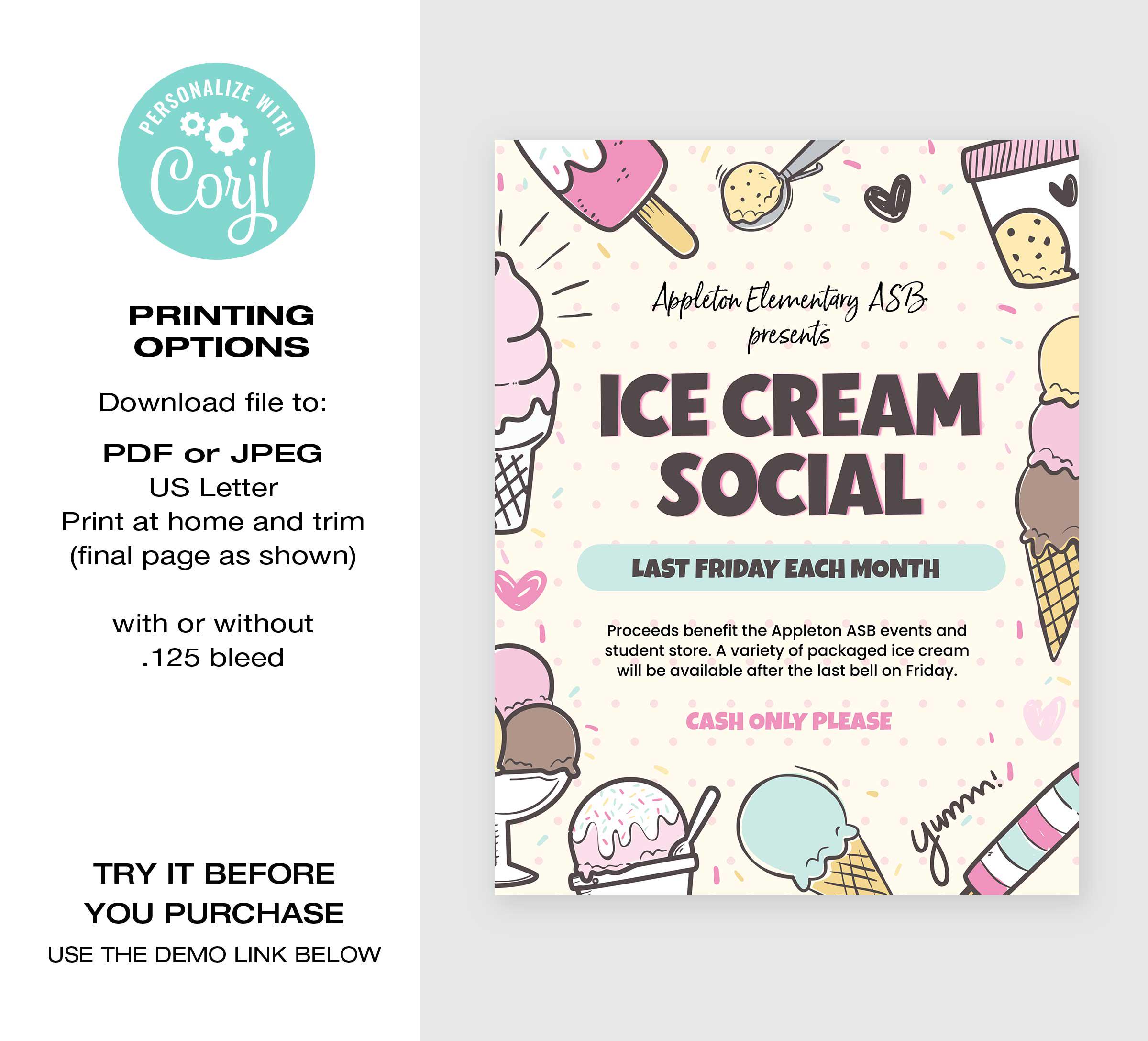 Ice Cream Social Flyer Template EDITABLE| Ice Cream Party Flyer | 8.5 X ...
